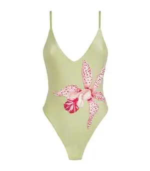 PatBO Embellished Orchid One Piece Swimsuit - Green
