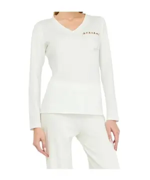 Liu Jo Embellished V-neck Long-sleeved T-shirt - White