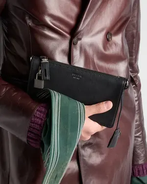 Prada Leather Zipper Clutch With Embossed Logo