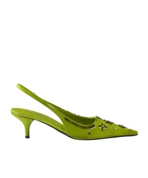 Prada Embroidered Satin Slingback Pumps - Fern Green
