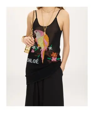 Chloé Embroidered Parrot Mesh Knit Mini Dress