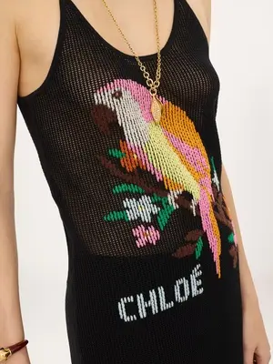 Chloé Embroidered Parrot Mesh Knit Mini Dress
