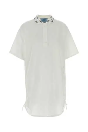 Prada Embroidered Short-sleeved Poplin Mini Dress - White