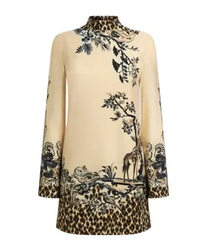 Etro Envers Satin Mini Dress With Front Print And Leopard Motif - Light Brown