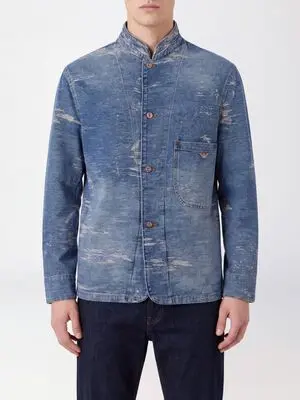 Emporio Armani Short Distressed Denim Jacket With A Mandarin Collar - Blue