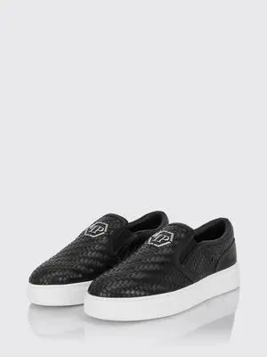 Philipp Plein Monogram Woven Leather Slip-on Trainers With Hexagon Logo - Black