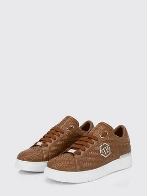 Philipp Plein Woven Leather Low-top Sneakers With Hexagon Logo - Brown