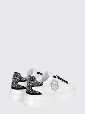 Philipp Plein Leather Chunky Sneakers With Hexagon Logo And Rhinestones - White
