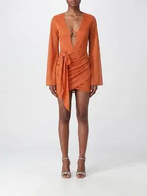 Oseree Lumiere Asymmetrical V-neck Wrap Mini Dress In Lurex Jersey - Orange