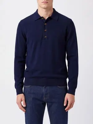 Eleventy Long-sleeved Knit Polo Shirt In Cashmere And Cotton Blend - Royal Blue