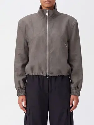 Attico Cropped Wool Blend Bomber Jacket With High Neck And Padded Shoulders - Brown