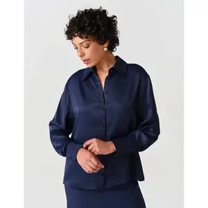 GHOST LONDON Esther Collared Satin Shirt - Navy