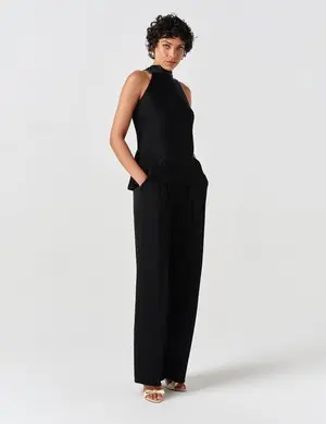 GHOST LONDON Andie Pleated Wide Leg Satin Trouser - Black