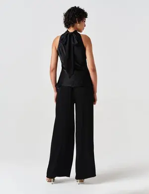 GHOST LONDON Andie Pleated Wide Leg Satin Trouser - Black