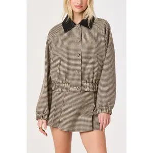 Astr The Label Billie Gingham Jacket With Faux Leather Collar - Brown Black Gingham