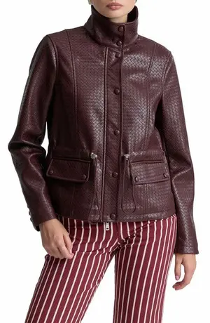 Avec Les Filles Woven Faux Leather Jacket - Burgundy