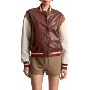 Avec Les Filles Faux Leather Varsity Bomber Jacket - Varsity Red Multi