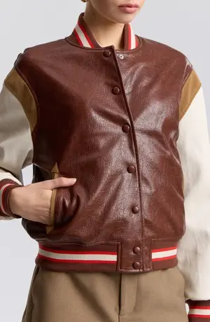 Avec Les Filles Faux Leather Varsity Bomber Jacket