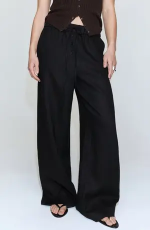 Mango Wide Leg Button Detail Linen Pants - Black