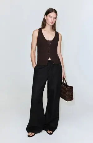 Mango Wide Leg Button Detail Linen Pants