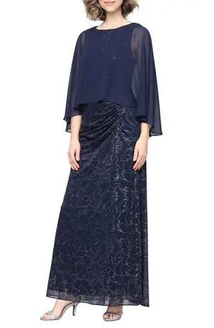 SL FASHIONS Cape Sleeve Floral Glitter Mesh Gown - Navy/silver