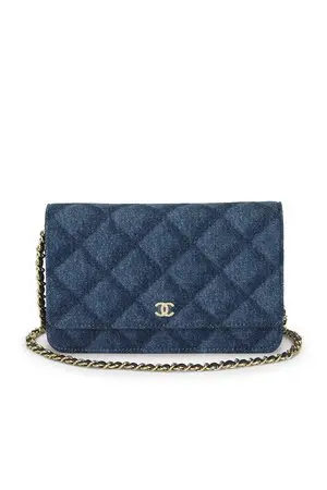 Chanel Denim Printed Wallet On Chain - Blue