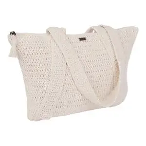 Roxy Woven Tote Bag With Zippered Top And Shoulder Straps - Egret