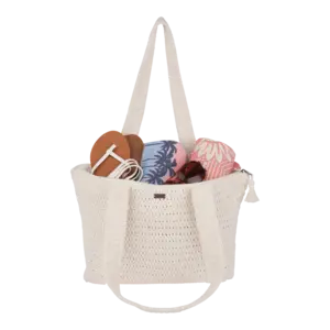 Roxy Woven Tote Bag With Zippered Top And Shoulder Straps - Egret