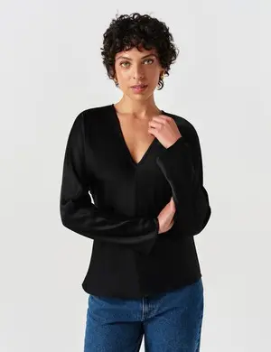 GHOST LONDON Lucille Long Sleeve Satin Top - Black