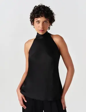 GHOST LONDON Reese High Neck Satin Top Black