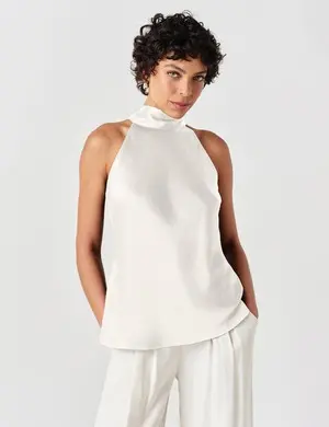GHOST LONDON Reese High Neck Satin Top - Ivory