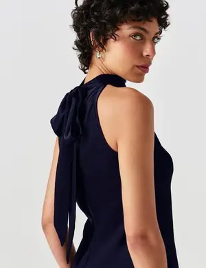 GHOST LONDON Reese High Neck Satin Top - Navy