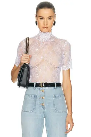 Valentino Garavani Lace Jersey Bodysuit Top In White - Bianco