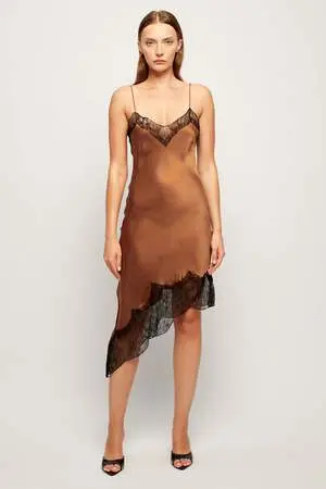 SWF Lace Trim Asymmetric Slip Dress - Umber