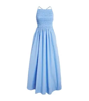 GANNI Organic Cotton Shirred Maxi Dress - Blue