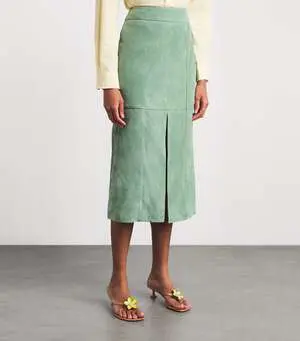 Ulla Johnson Suede Pencil Midi Skirt With Slit - Green