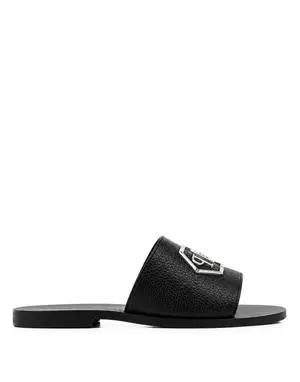 Philipp Plein Leather Slide Sandals With Metal Hexagon Logo