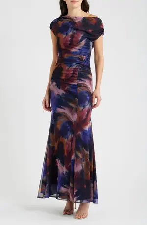 Vince Camuto Asymmetric Ruched Mesh Gown - Navy Multi
