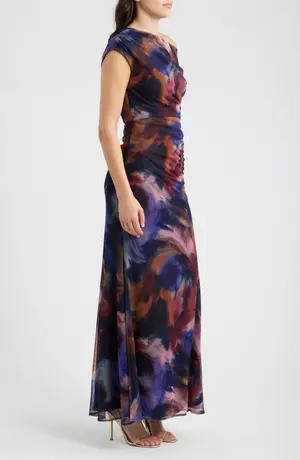 Vince Camuto Asymmetric Ruched Mesh Gown