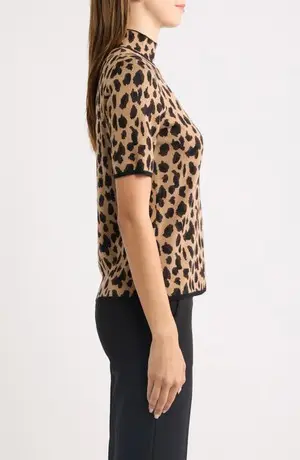 Anne Klein Animal Jacquard Short Sleeve Mock Neck Sweater - Vicuna Multi