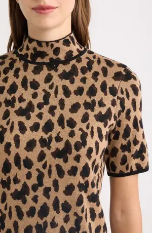 Anne Klein Animal Jacquard Short Sleeve Mock Neck Sweater - Vicuna Multi