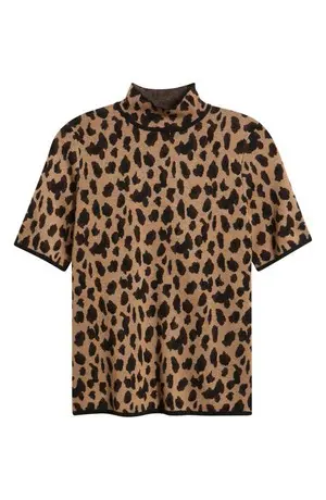 Anne Klein Animal Jacquard Short Sleeve Mock Neck Sweater - Vicuna Multi