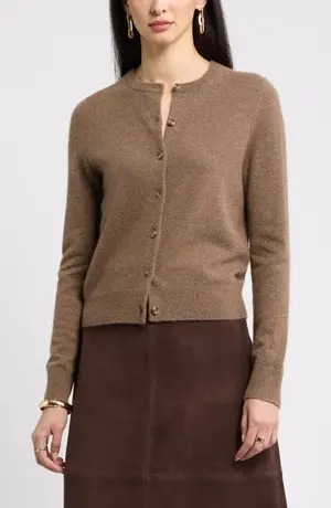 Nordstrom Cashmere Crewneck Cardigan - Brown Medium Heather