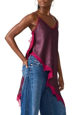 Steve Madden Margan Lace Trim Asymmetrical Hem Camisole - Deep Fig