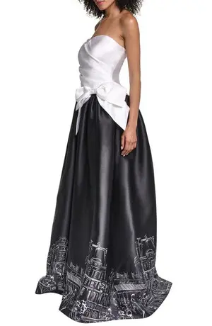 Karl Lagerfeld Paris Strapless Satin Gown With Paris Graphic Hem