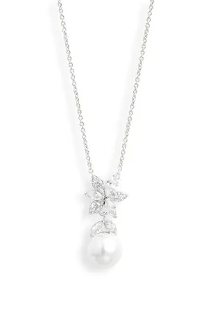Nadri Cubic Zirconia And Faux Pearl Pendant Necklace - Rhodium