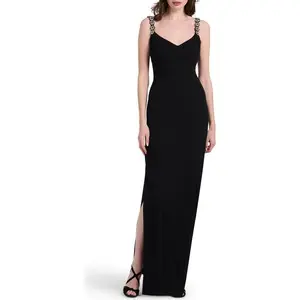 EMILY SHALANT Crystal Flower Strap Stretch Crepe Gown - Black