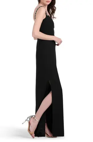 EMILY SHALANT Crystal Flower Strap Stretch Crepe Gown