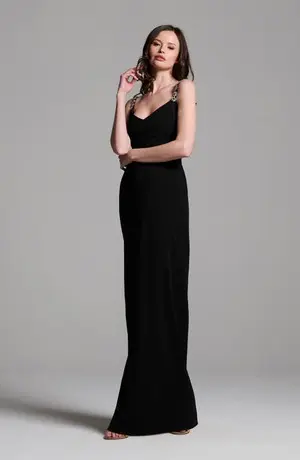 EMILY SHALANT Crystal Flower Strap Stretch Crepe Gown