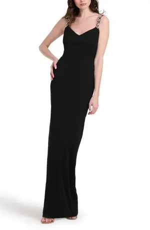 EMILY SHALANT Crystal Flower Strap Stretch Crepe Gown